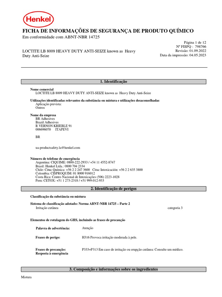 Ficha de Segurança Loctite LB 8009 | PDF