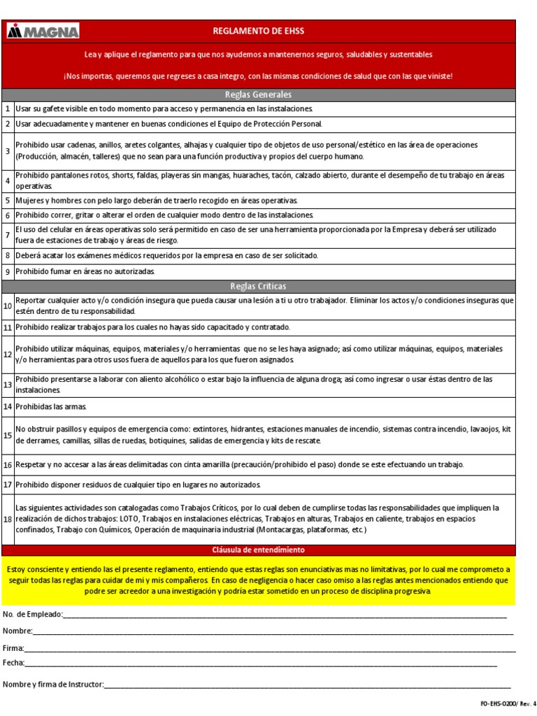 FO-EHS-0200 Rev. 4 Reglamento de EHSS | PDF