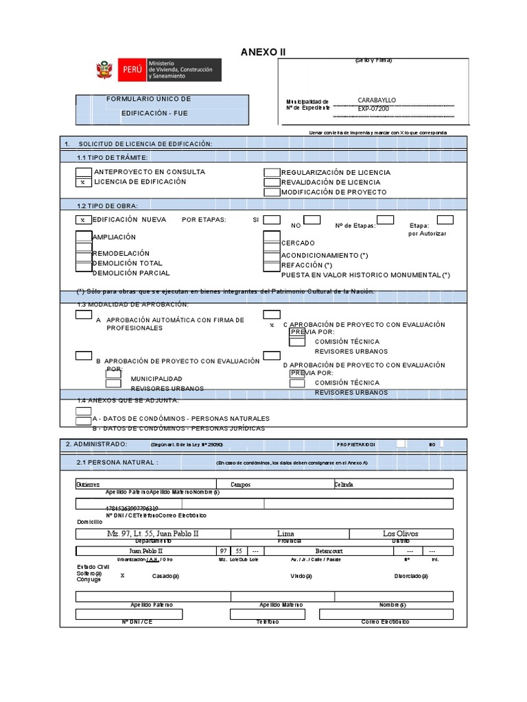 Formulario Único de Edificación para solicitud de licencia de edificación nueva | PDF