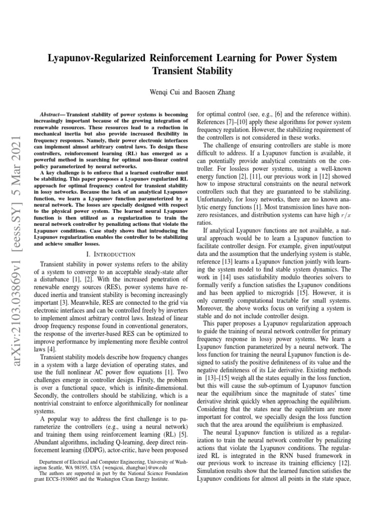 Lyapunov-Regularized Reinforcement Learning For Power System PDF | PDF