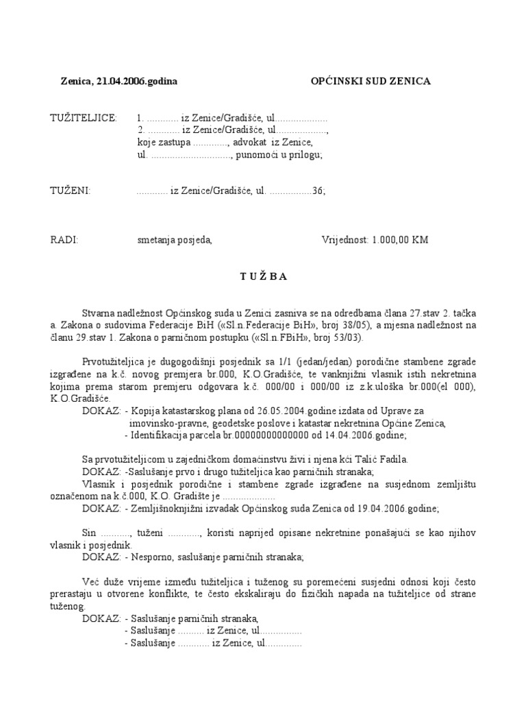 Tužba - smetanje posjeda