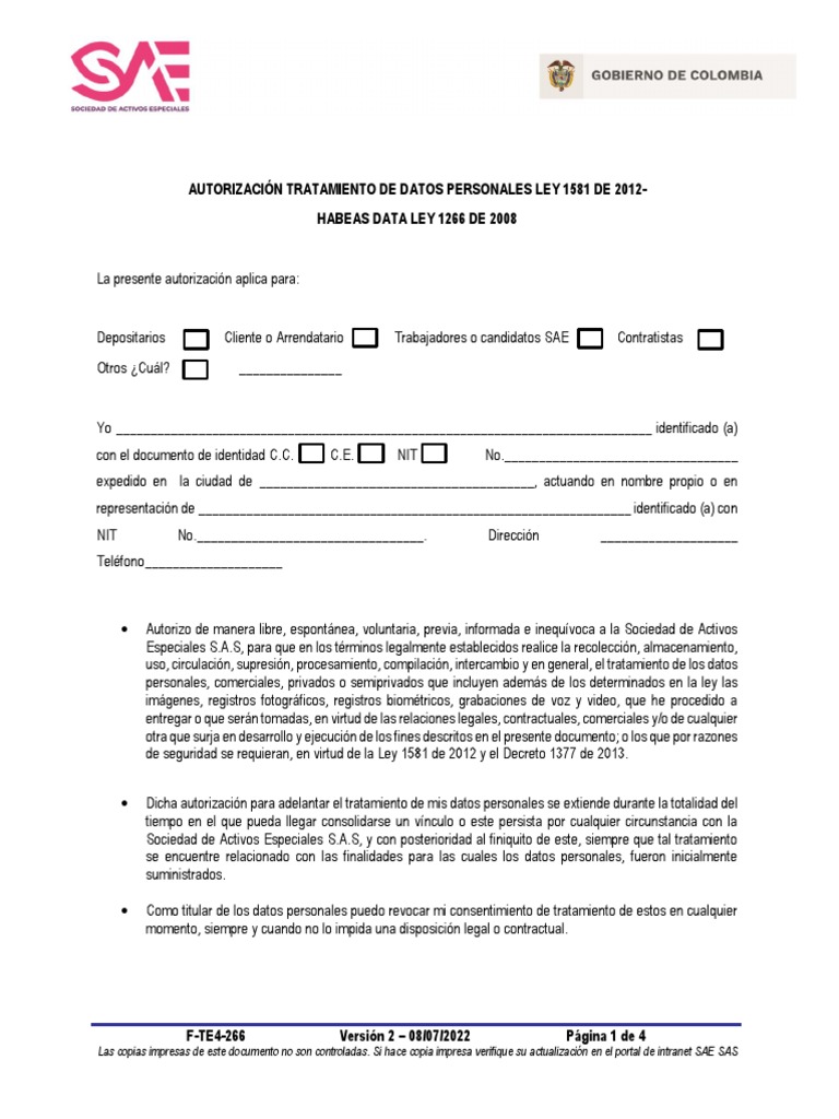 F-TE4-266 Formato Autorizacion Tratamiento de Datos Personales Habeas ...