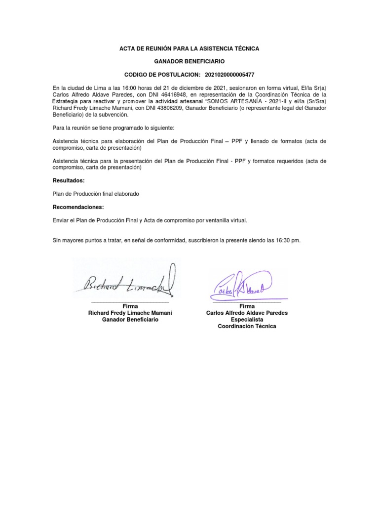 Acta de Reunión para La Asistencia Técnica Limache PDF | PDF Acta de Reunión para La Asistencia Técnica Limache PDF | PDF