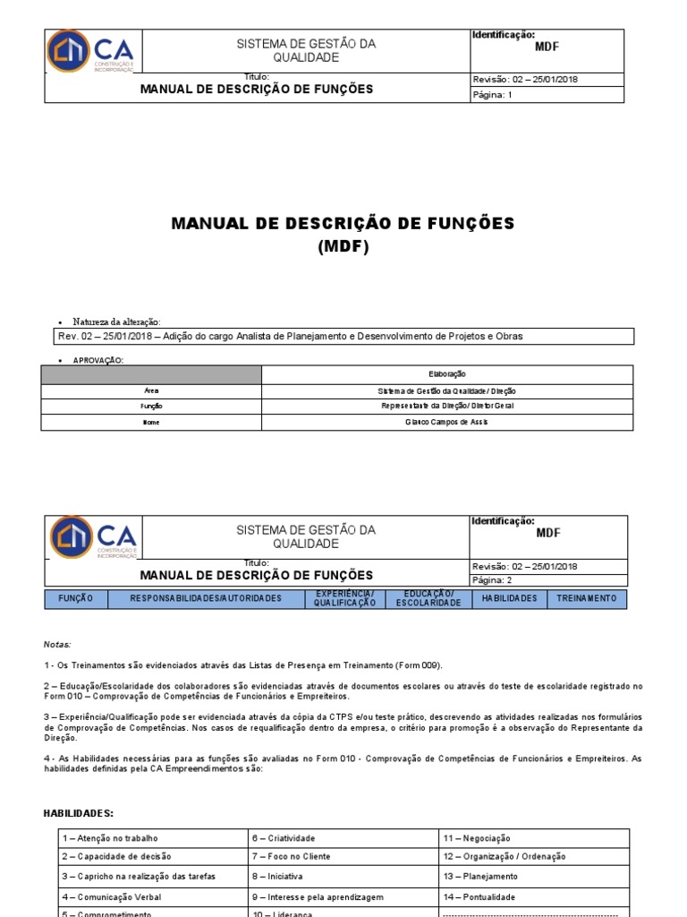 Manual de Descricão de Funções - MDF - CA Rev. 02 | PDF | Qualidade ...