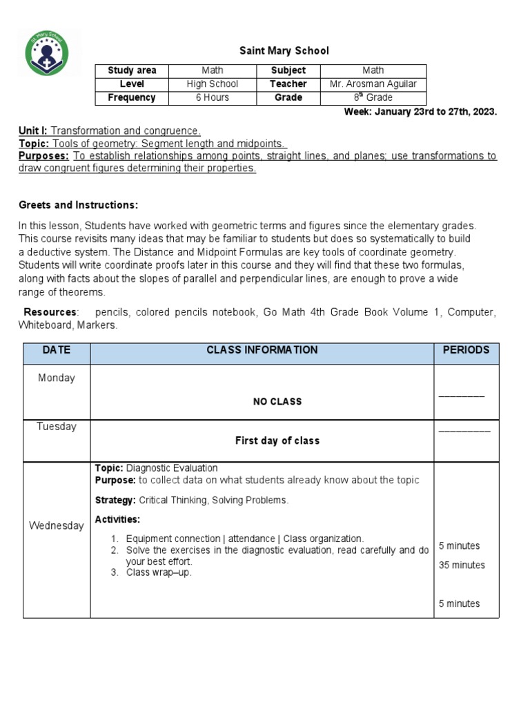 8th Grade Lesson Plan Jan 23 - Jan 27 Math | PDF
