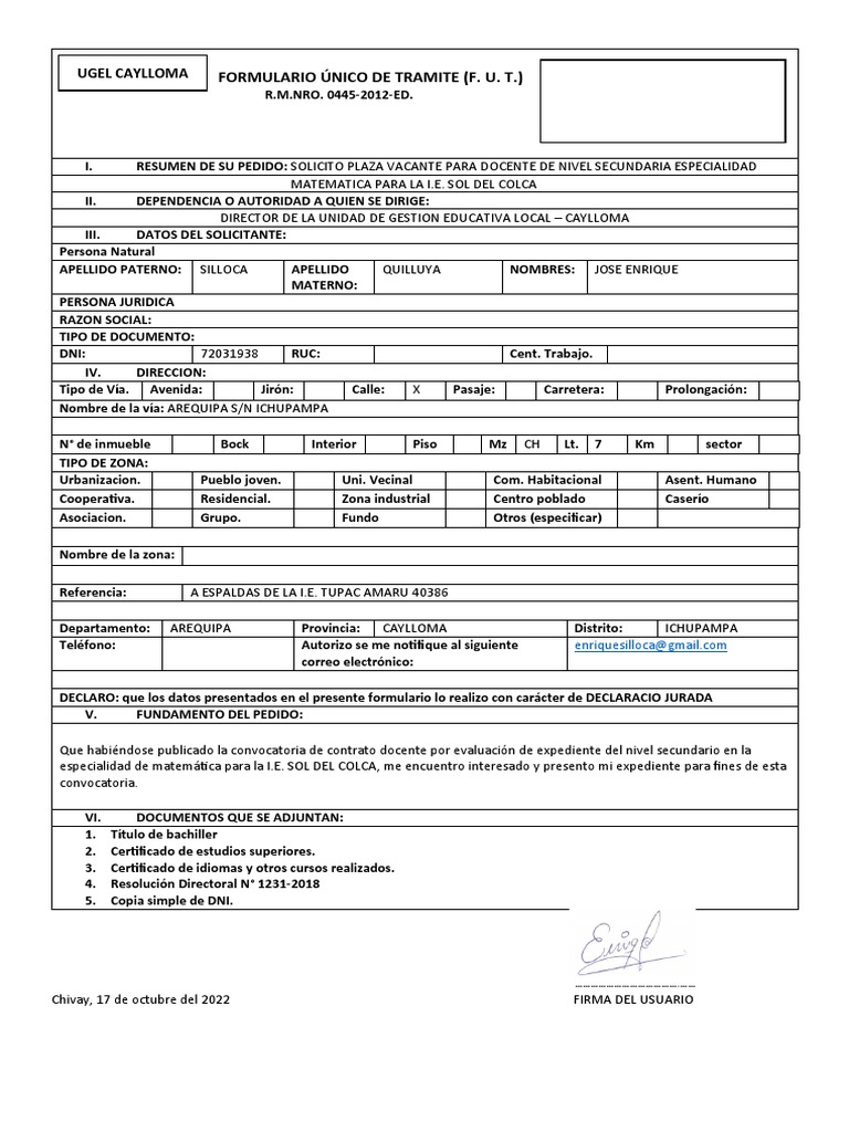 Formulario Único de Tramite (F. U. T.) : Ugel Caylloma | PDF