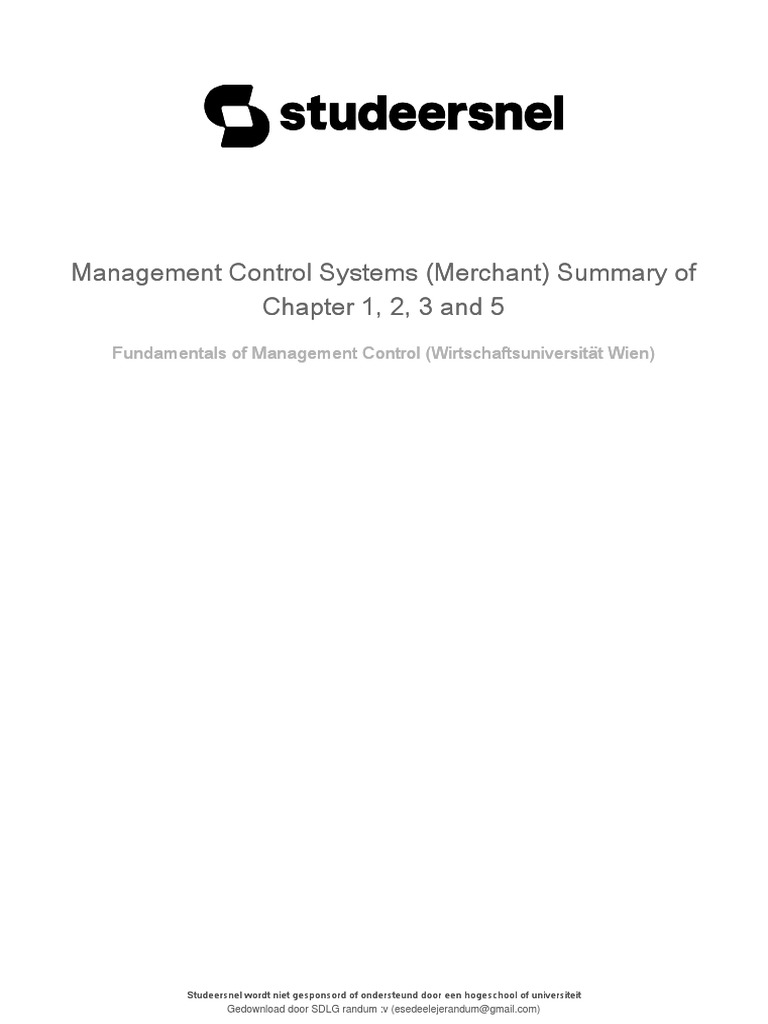 Management Control Systems Merchant Summary of Chapter 1 2 3 and 5 PDF ...