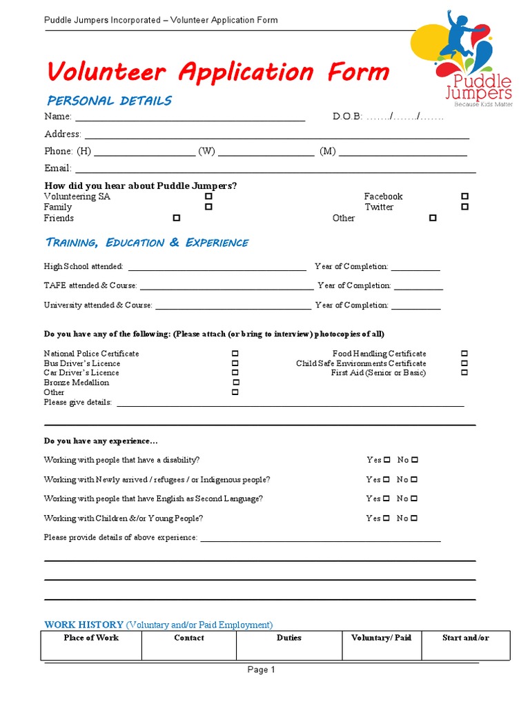 PuddleJumpers Volunteer Application Form | PDF