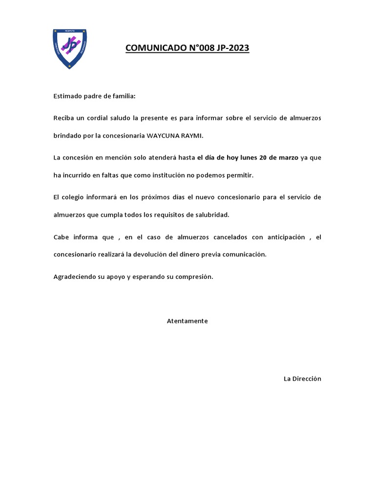 Comunicado N°008 - Concesionario PDF | PDF