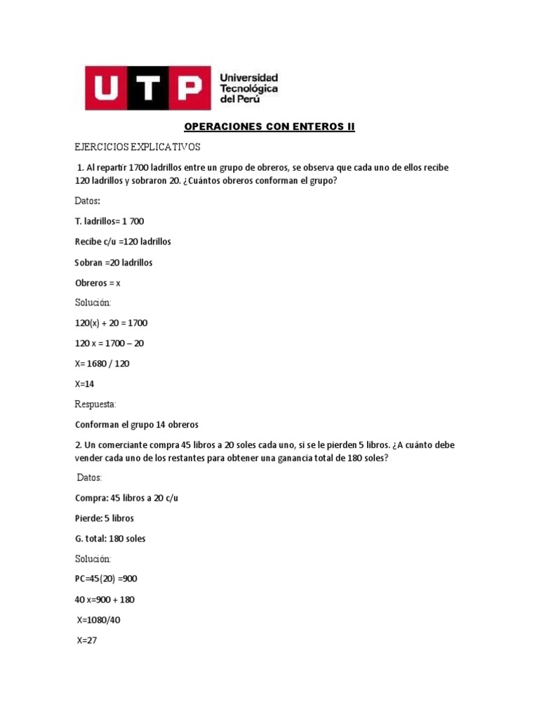 Operaciones Con Enteros II. Taller 1 | PDF | División (Matemáticas) | Matemática Elemental