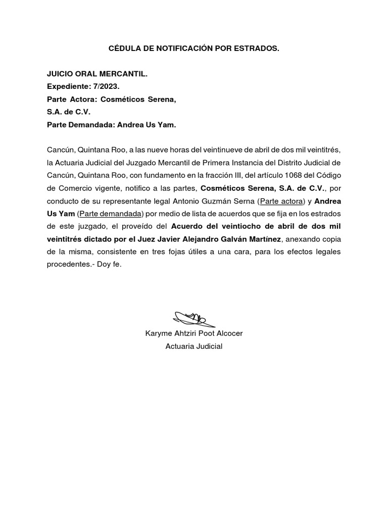 Notificación Por Estrados - Partes PDF | PDF