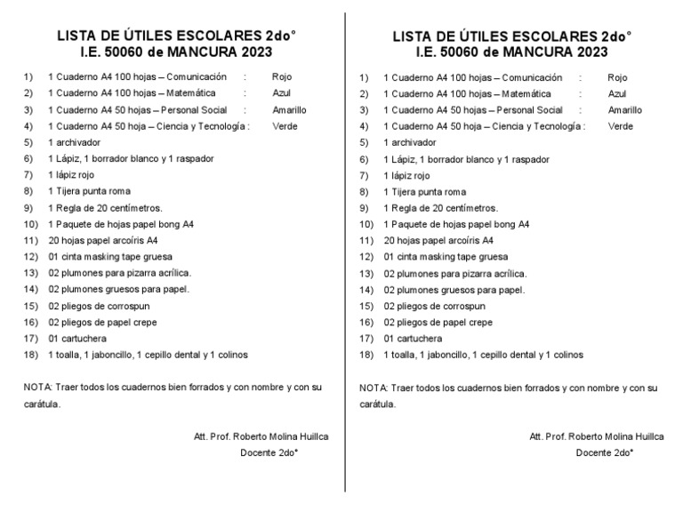 LISTA DE ÚTILES ESCOLARES 2do | PDF