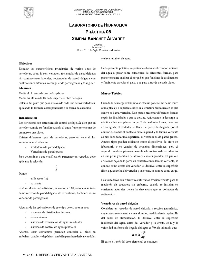 Estudio de Vertedores en Hidráulica | PDF | Agua | Laboratorios
