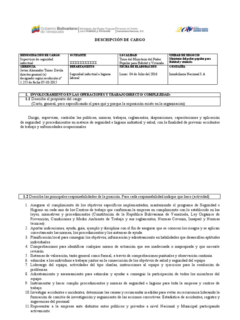DESCRIPCIÓN DE CARGO Supervisor de Seguridad Industrial | PDF