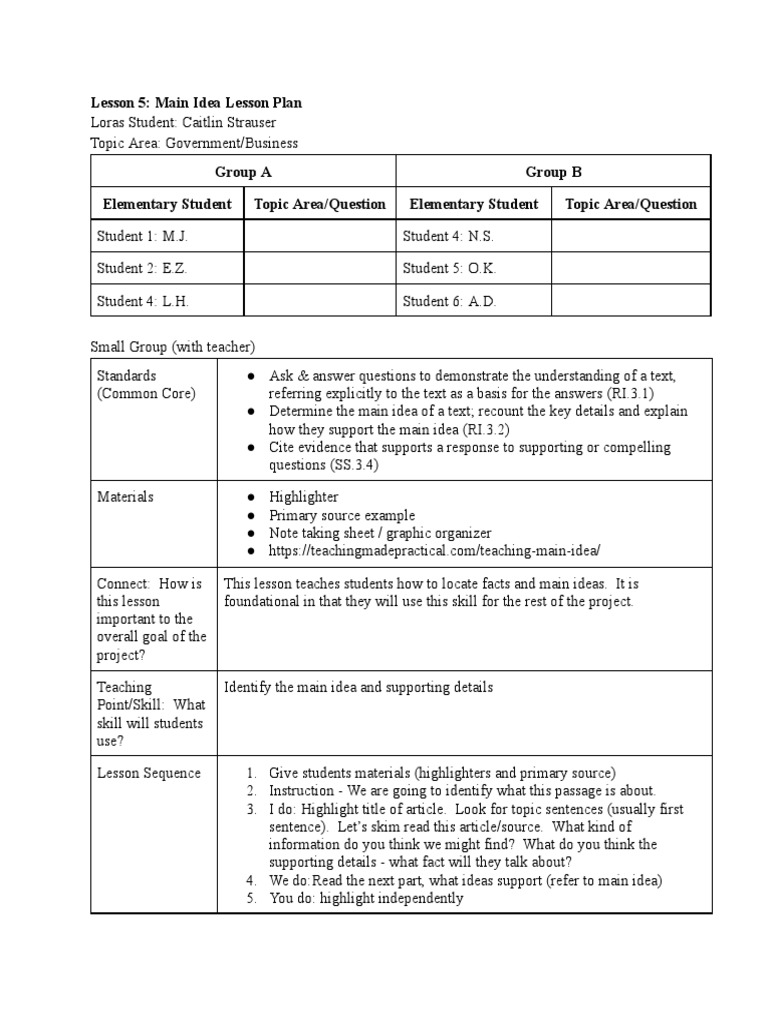Main Idea Lesson Plan for Students | PDF