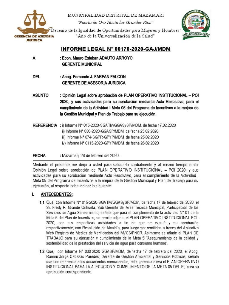 Informe Legal #0170 - Opinion Legal Sobre Aprobacion de Plan Operativo ...