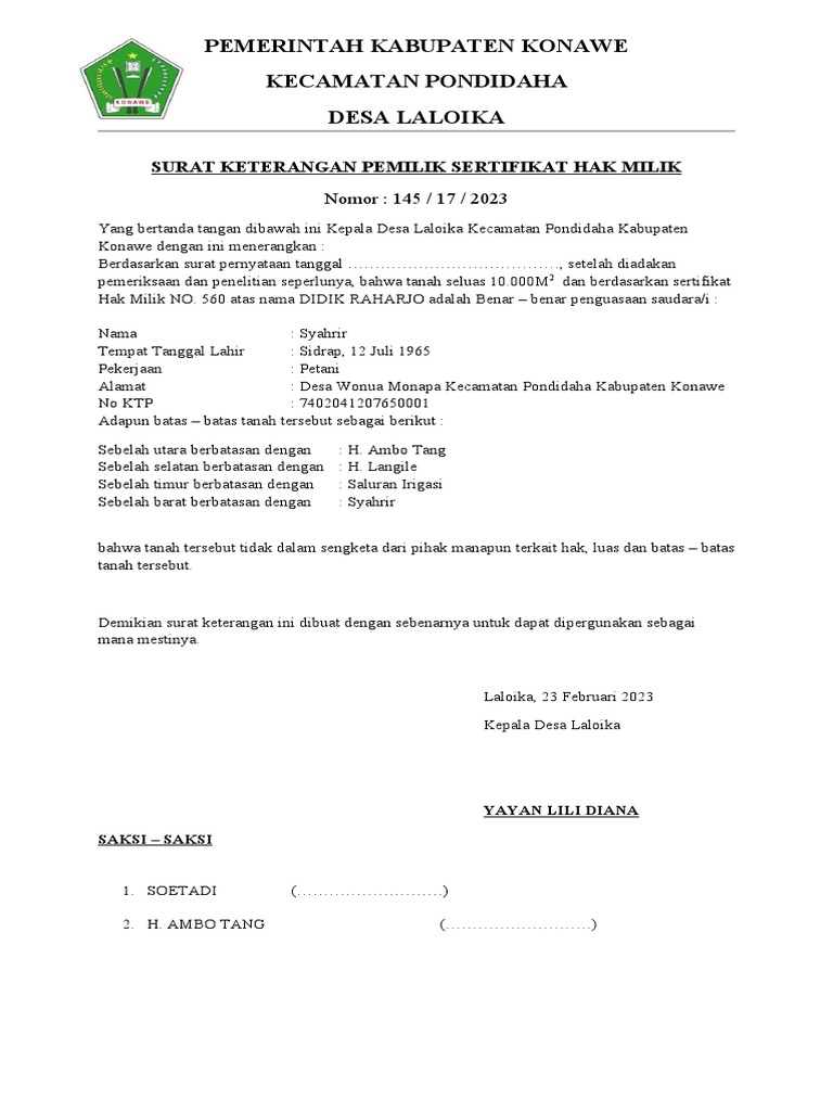 Surat Keterangan Pemilik Sertifikat Hak Milik | PDF