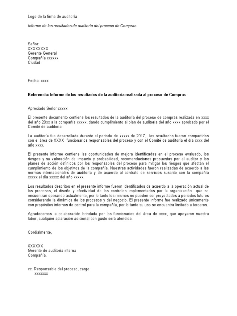 Modelo Informe de Los Resultados de Auditoria Del Proceso de Compras ...