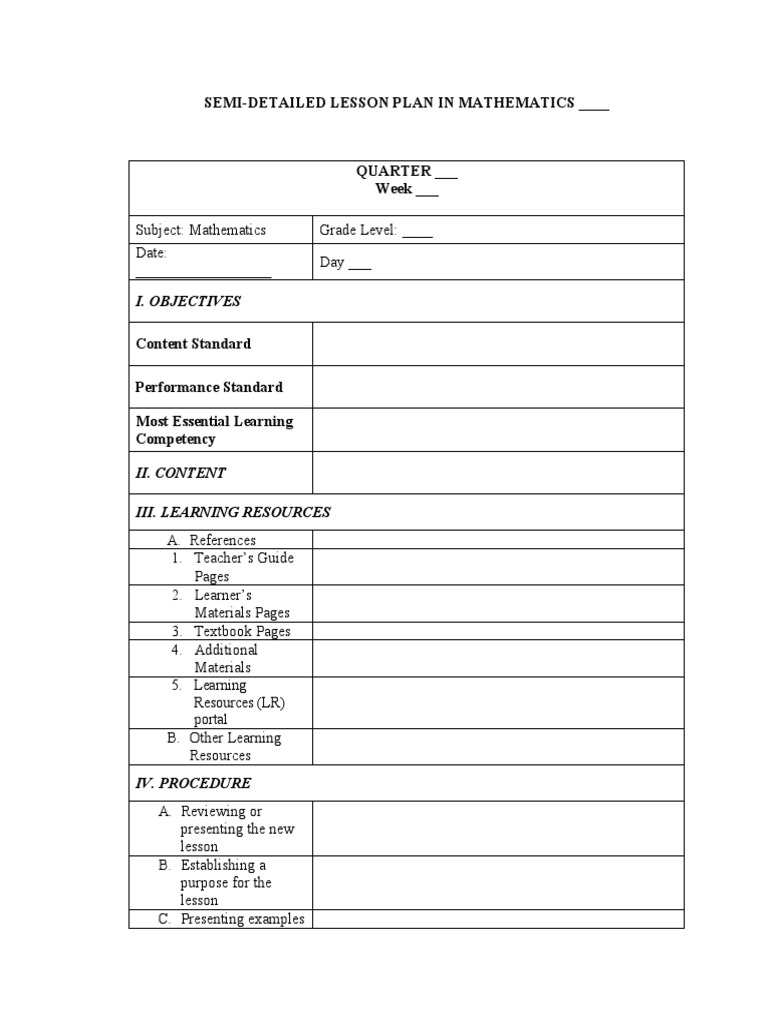 Lesson Plan In Math Template PDF