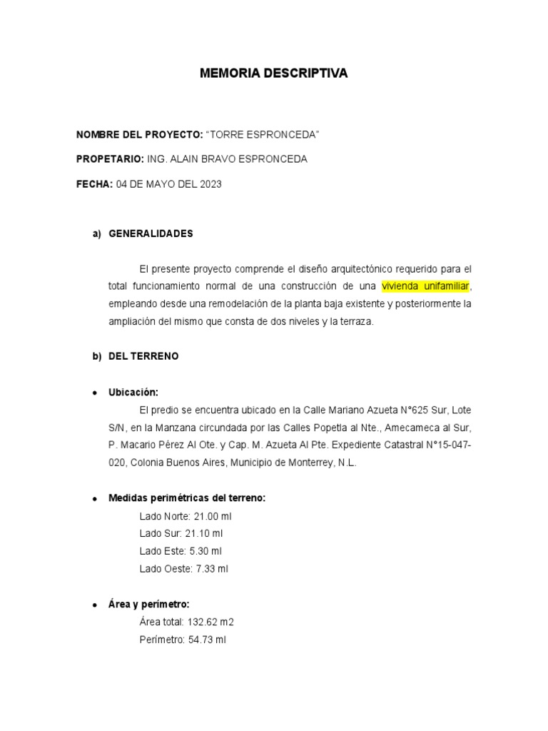 Memoria Descriptiva Te-040523 | PDF