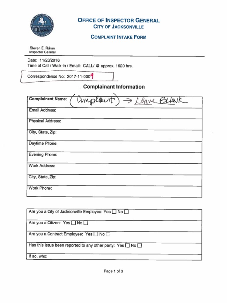 2017-11-0009 Complaint Intake Form (WB1)_Redacted | PDF