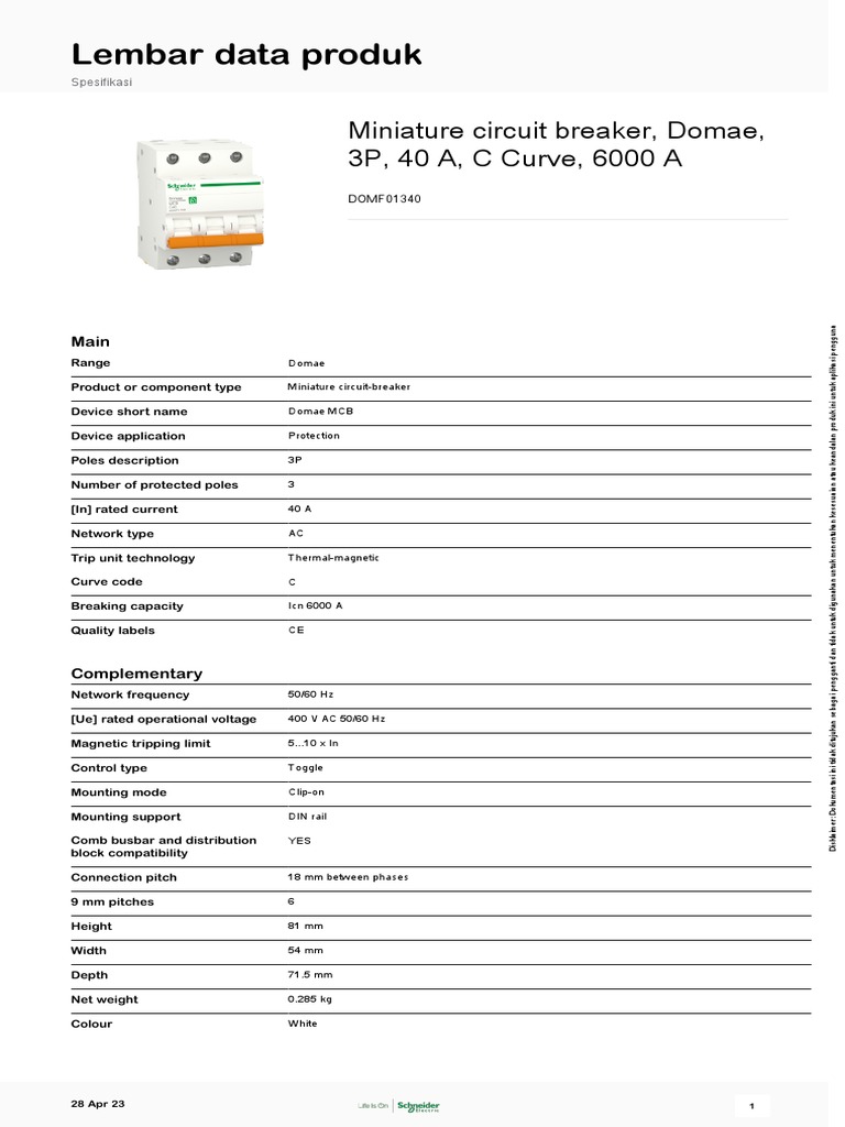 Product Specification Sheet for a 3-Pole, 40 Amp, C Curve, 6000 Amp Capacity Miniature Circuit ...