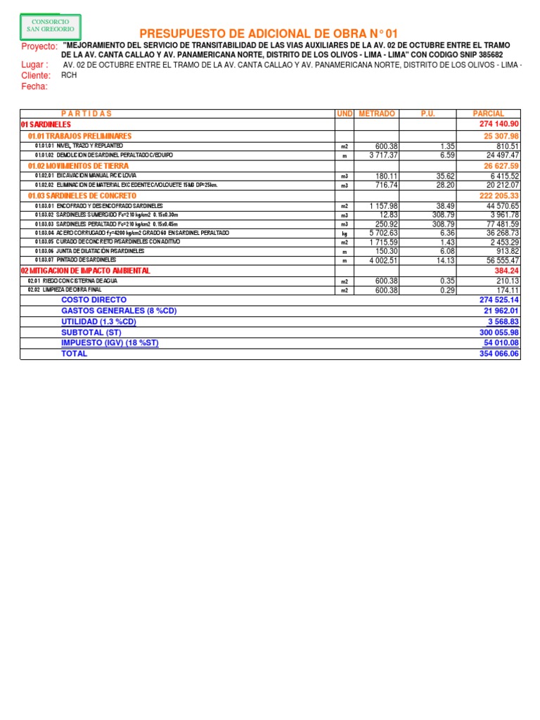 Presupuesto Adicional de Obra #01 Olivos PDF | PDF