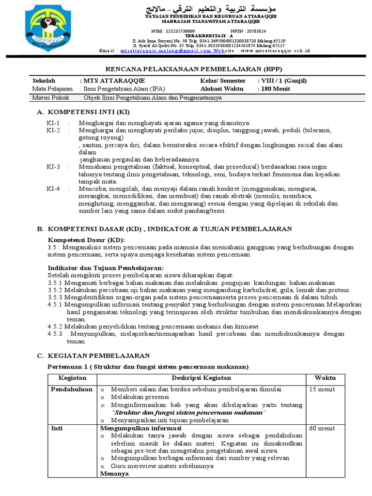 RPP Sistem Pencernaan Manusia | PDF