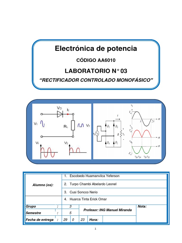Lab03 - Rectificador Monofásico Controlado PDF | PDF