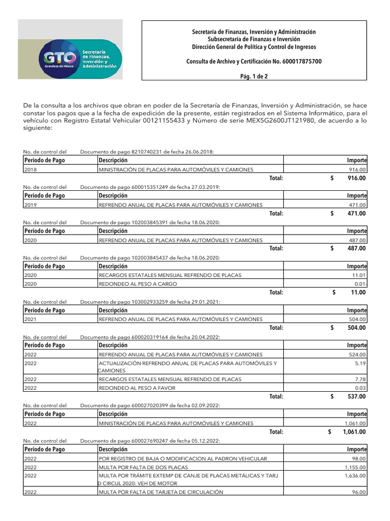 Registros de pagos de tenencia y placas de un vehículo en el estado de Guanajuato | PDF | Gobierno