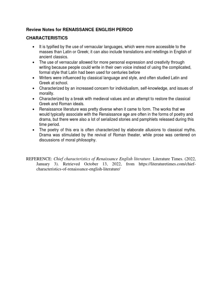 Review Notes For RENAISSANCE ENGLISH PERIOD PDF | PDF