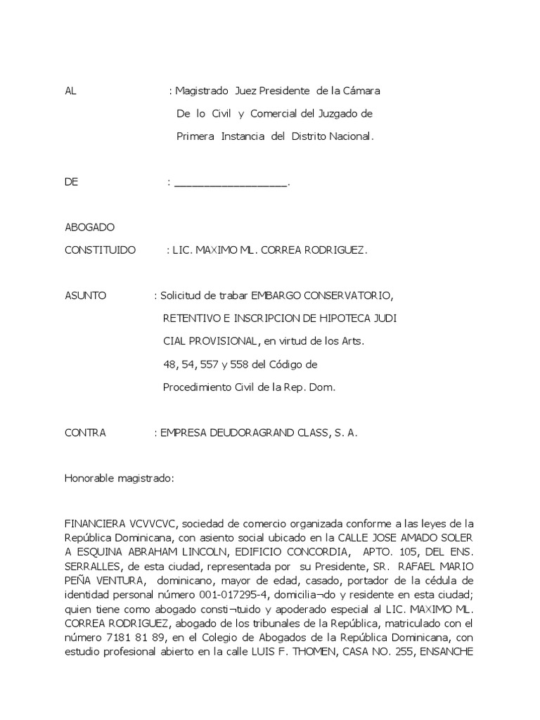 Modelo Instancia - Embargo y Dda. Validez Embargo Conservatorio | PDF ...