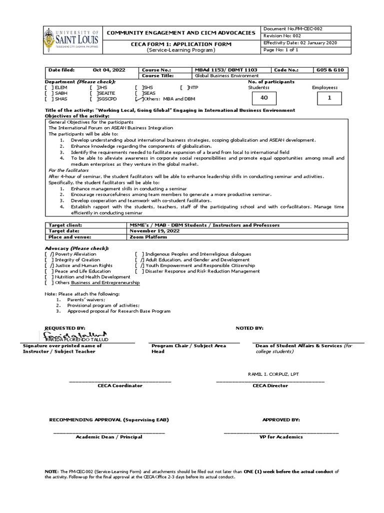 FM Cec 002 Ceca Form 1 Service Learning Program | PDF