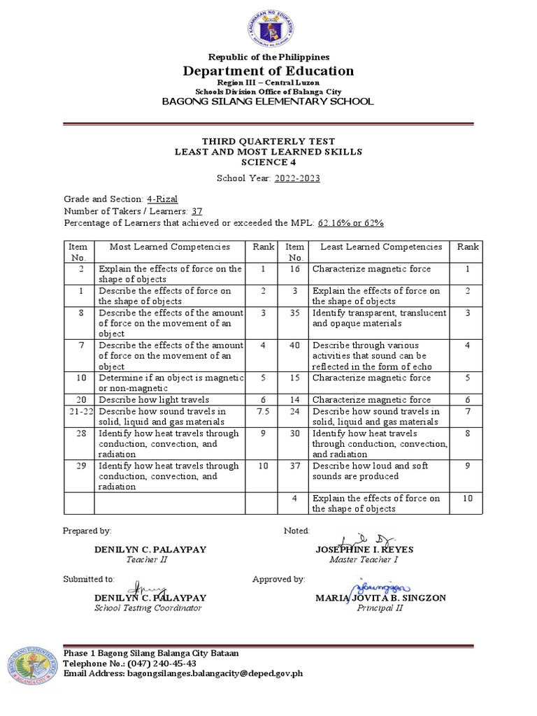 Science 4 Quarterly Test Results | PDF | Physical Sciences | Physics