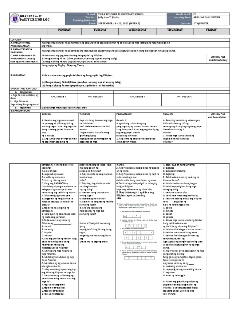 DLL - Araling Panlipunan 4 - Q1 - W5 | PDF