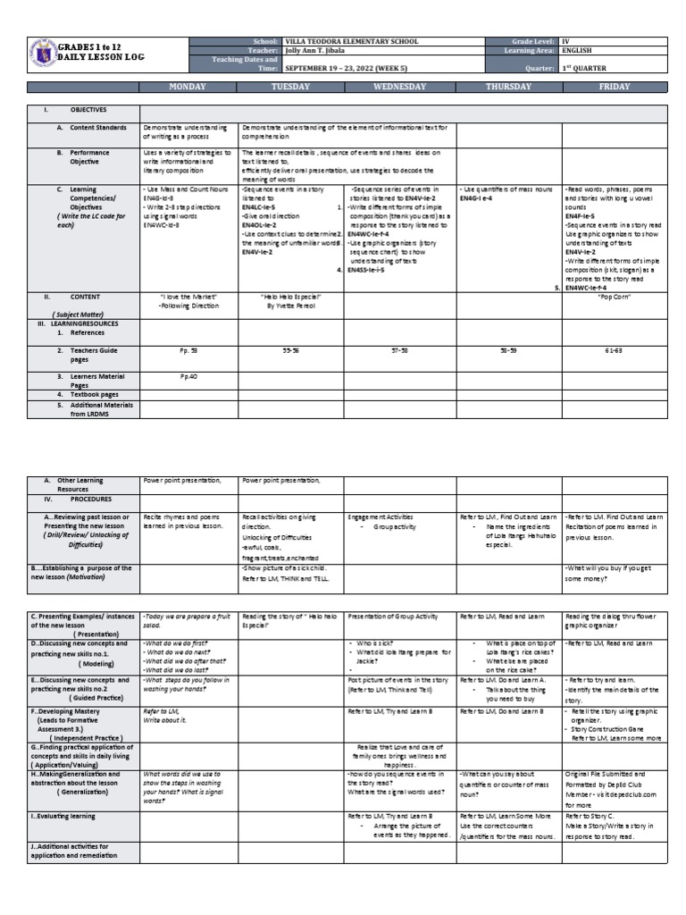 DLL - English 4 - Q1 - W5 | PDF