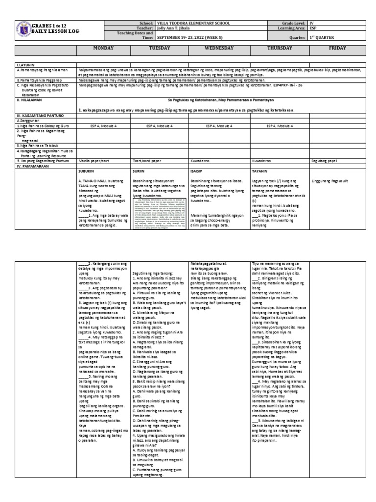 DLL - Esp 4 - Q1 - W5 | PDF