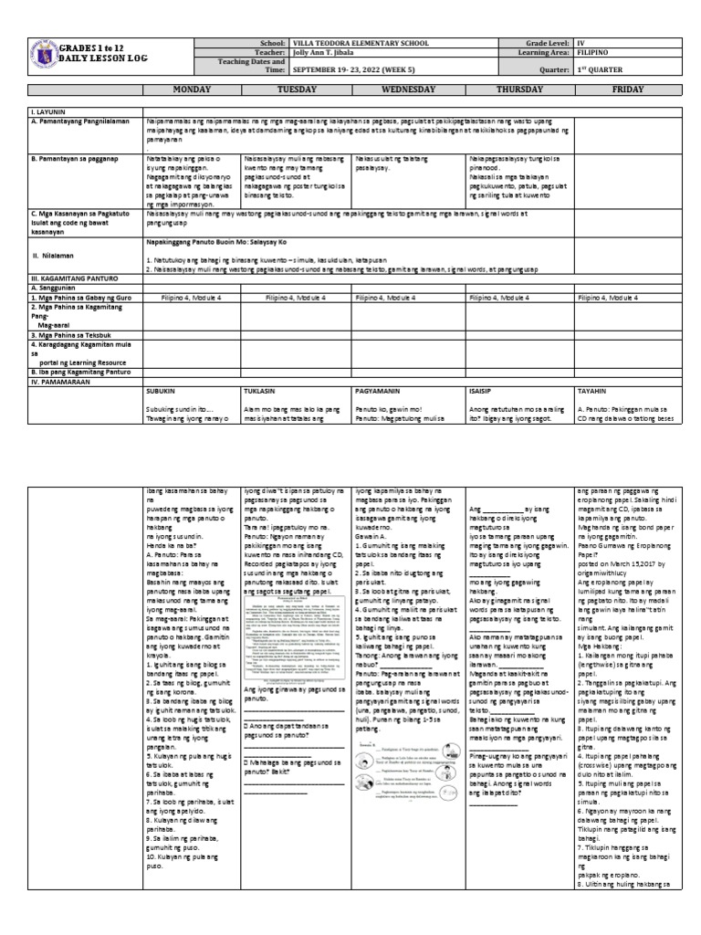 DLL - Filipino 4 - Q1 - W5 | PDF