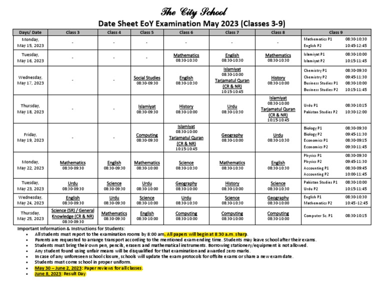 EoY Exam Schedule for Classes 3-9 | PDF