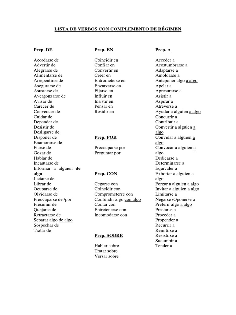 Verbos con complemento de régimen: una lista exhaustiva | PDF