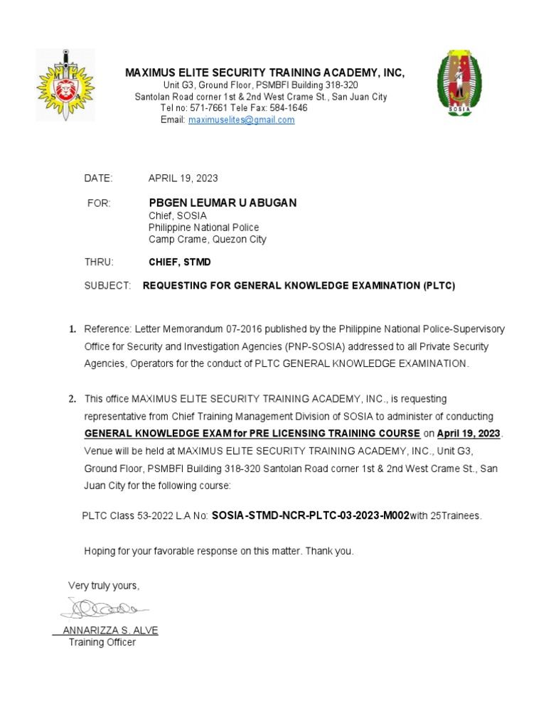Request for PLTC Exam Administration | PDF