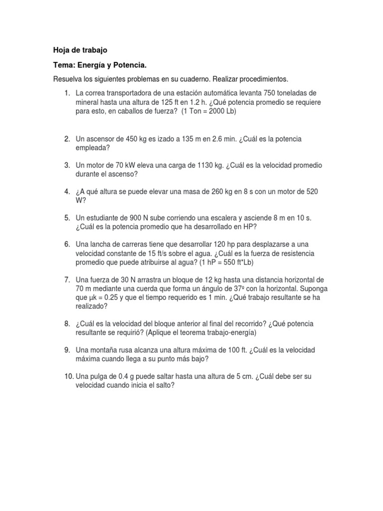 Hoja de Trabajo 4o. Energía y Potencia PDF | PDF