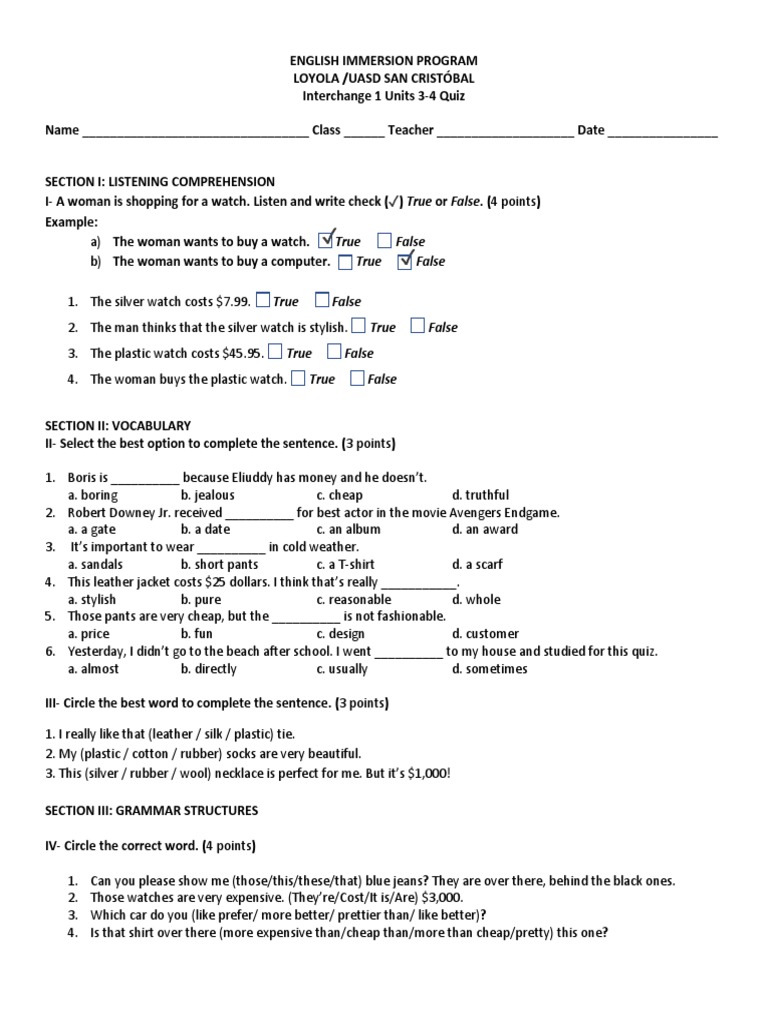 Interchange 1 Units 3-4 Quiz PDF | PDF