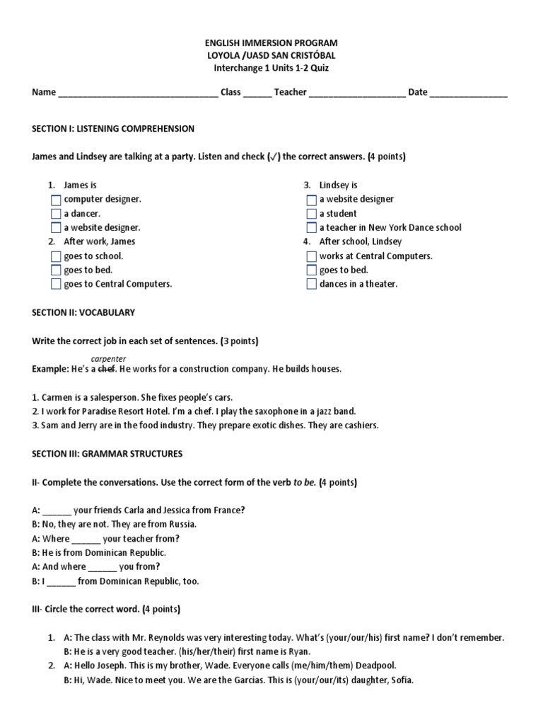 Interchange 1 Units 1-2 Quiz | PDF Interchange 1 Units 1-2 Quiz | PDF