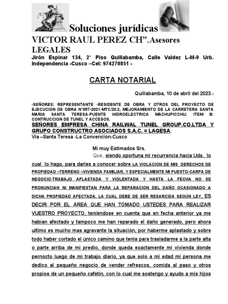 Carta Notar A Residente Obra-Santa Teresa - Sra Justina | PDF