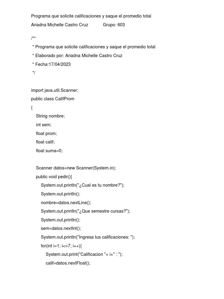 Programa que solicite calificaciones y saque el promedio total.pdf | PDF