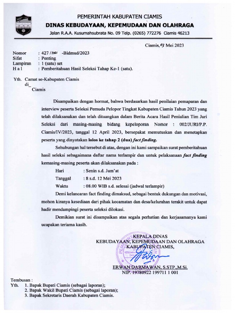 Surat Pemberitahuan Hasil Seleksi PP | PDF