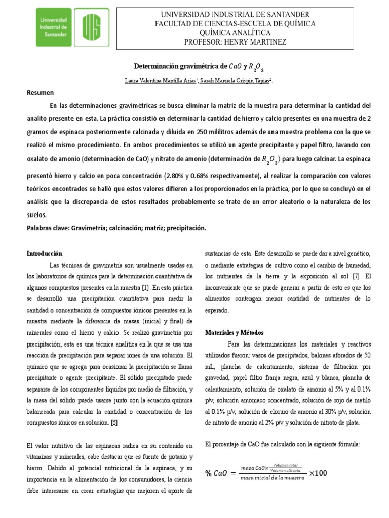 Informe#2 - Lab. Q.A PDF | PDF | Precipitación (Química) | Concentración