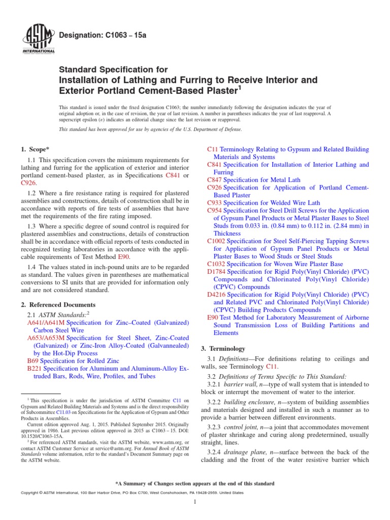 C1063 15a Standard Specification PDF | PDF | Polyvinyl Chloride | Plaster