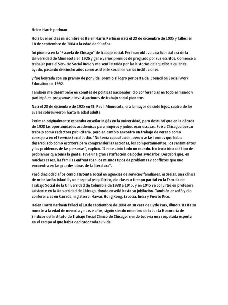 Helen Harris Perlman, pionera del trabajo social | PDF | Trabajo Social ...